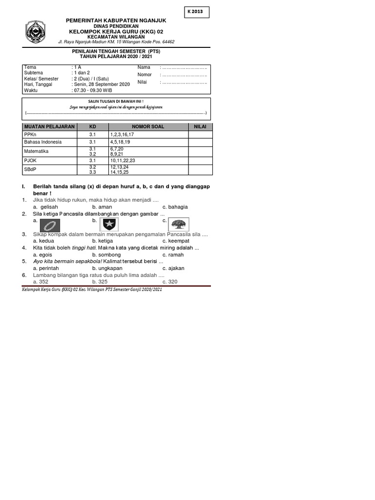 Soal PTS Kelas 2 Tema 1 A | PDF | Metode & Bahan Ajar
