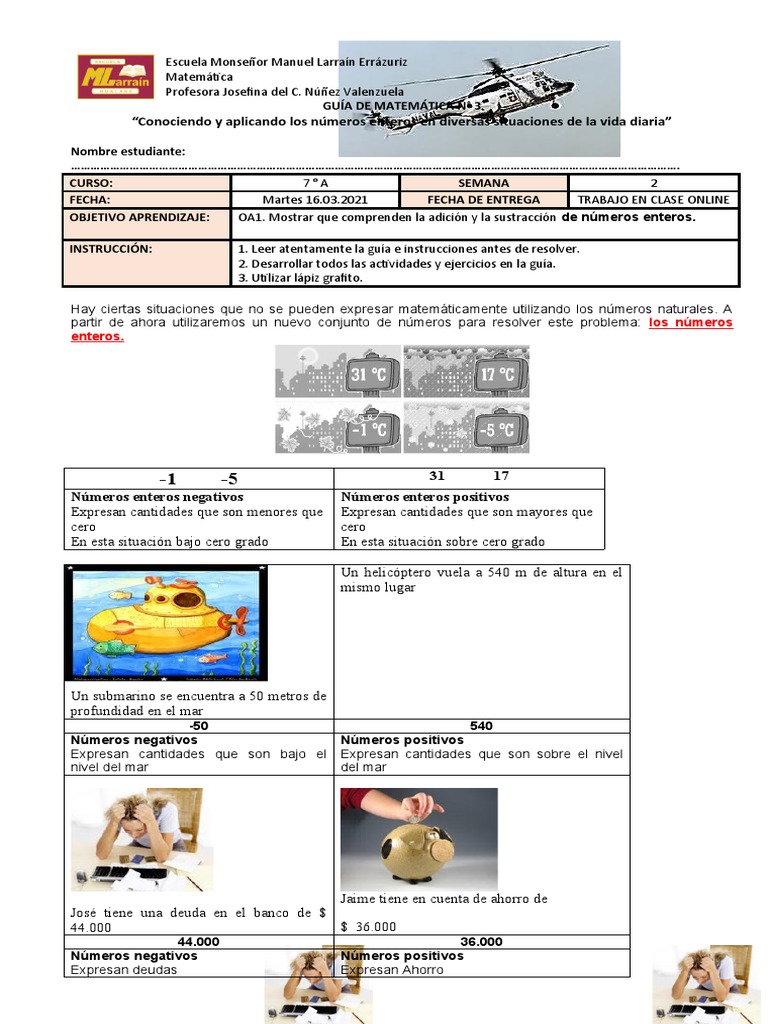 Guia N°3 Matemática 7mo A Números Enteros | PDF | Entero | Enseñanza de matemática