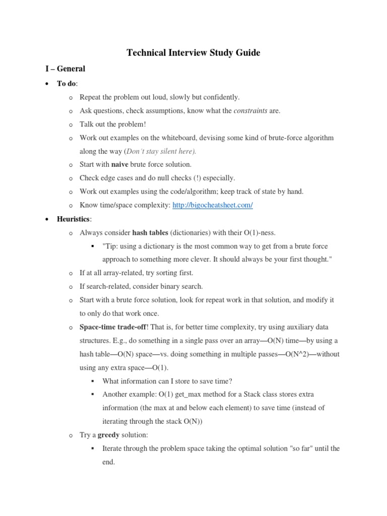 Technical Interview Study Guide | PDF | Algorithms | Algorithms And ...