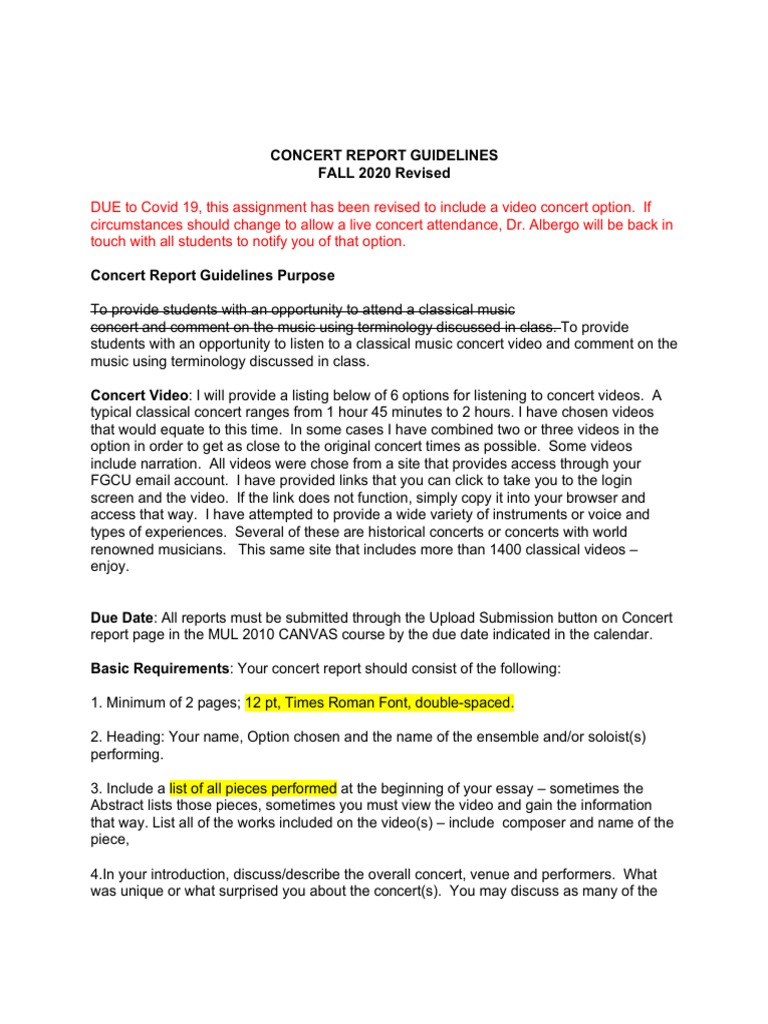 CONCERT REPORT GUIDELINES Fall 2020 | PDF | Tempo | Orchestras