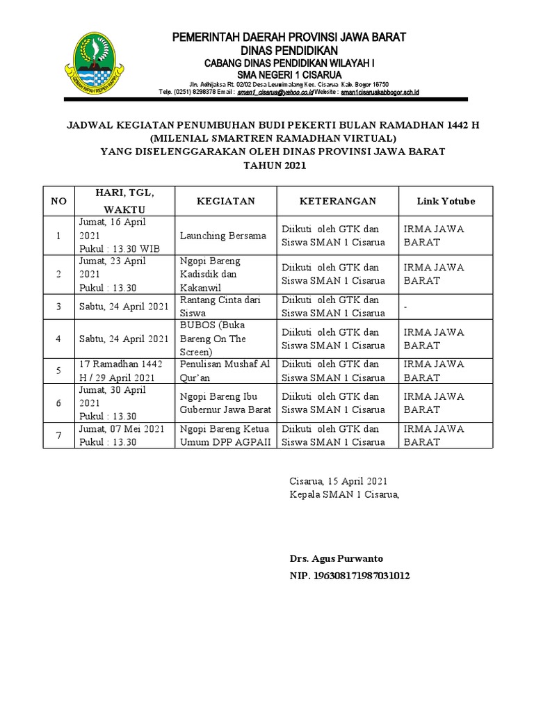 Jadwal Kegiatan Smartren GTK Dan Siswa | PDF