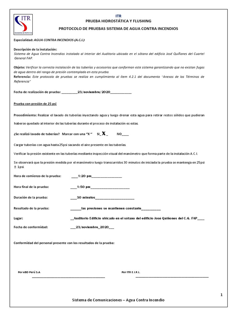 Protocolo Prueba Tuberias Aci | PDF | Fases de la materia | Presión