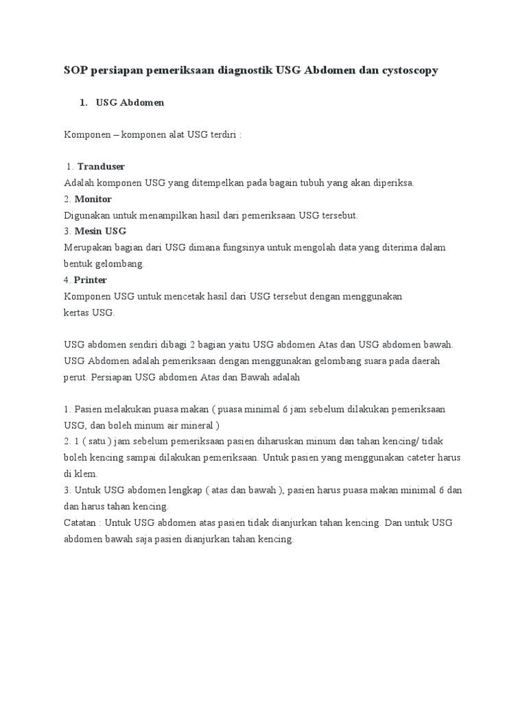 SOP Persiapan Pemeriksaan Diagnostik USG Abdomen Dan Cystos | PDF