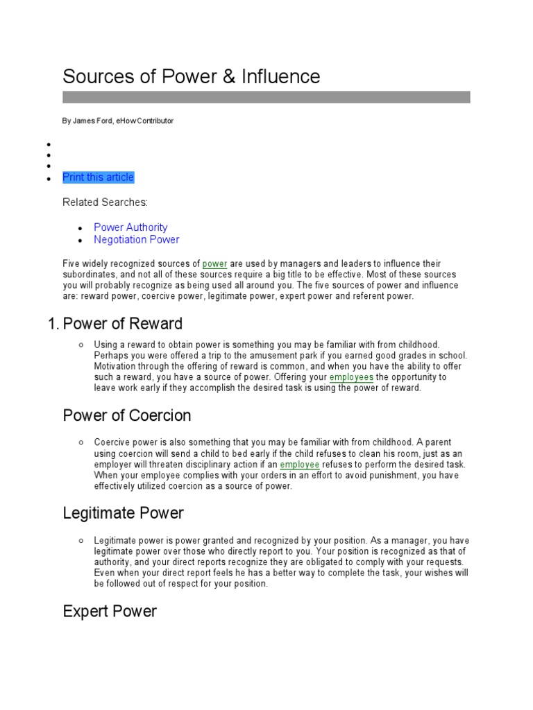 5 Sources of Power and Influence | PDF | Behavioural Sciences | Social ...
