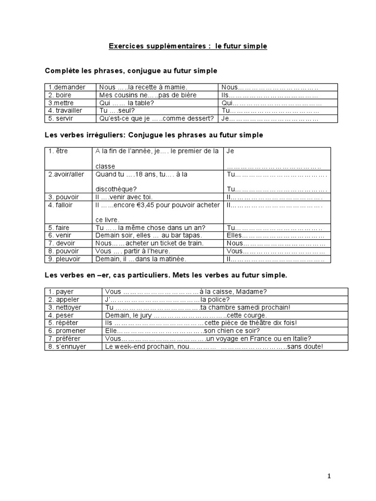 Exercices Supplémentaires Le Futur Simple | PDF | Arts du langage et ...