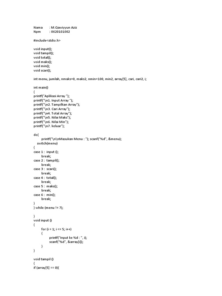 Program C Untuk Menerima Masukkan Array, Mencari, Menghitung Total ...