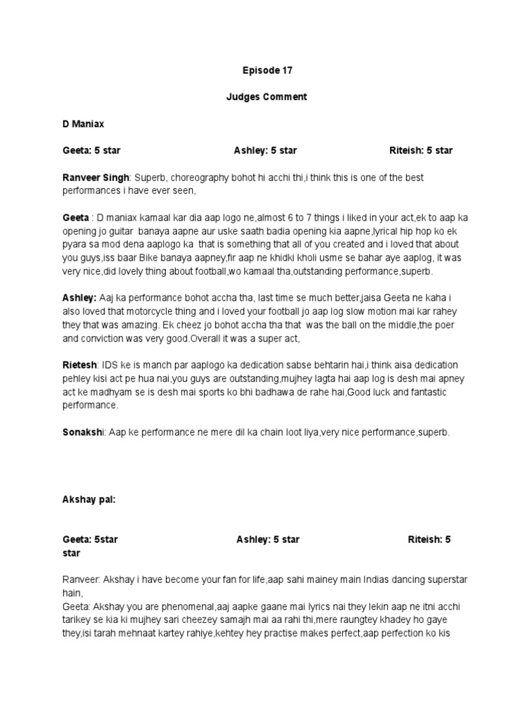 Episode 17 Judges Comments | PDF | Language Arts & Discipline | Self ...