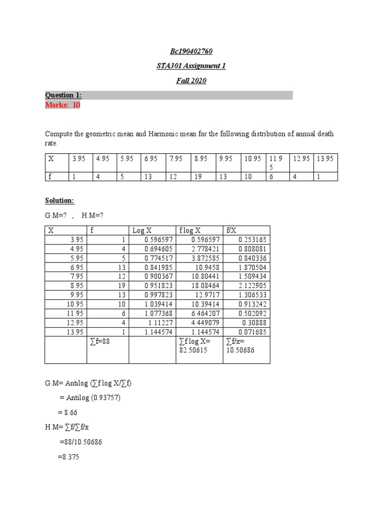 STA301 Assignment 1 Solutions 2020 | PDF | Sampling (Statistics) | Arithmetic