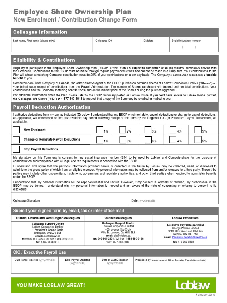 Employee Share Ownership Plan: New Enrolment / Contribution Change Form ...