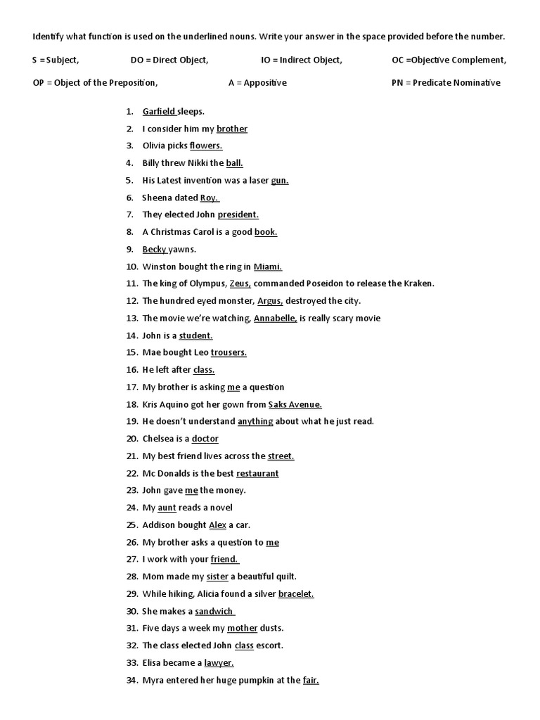 Identify What Function Is Used On The Underlined Nouns | PDF | Syntax ...