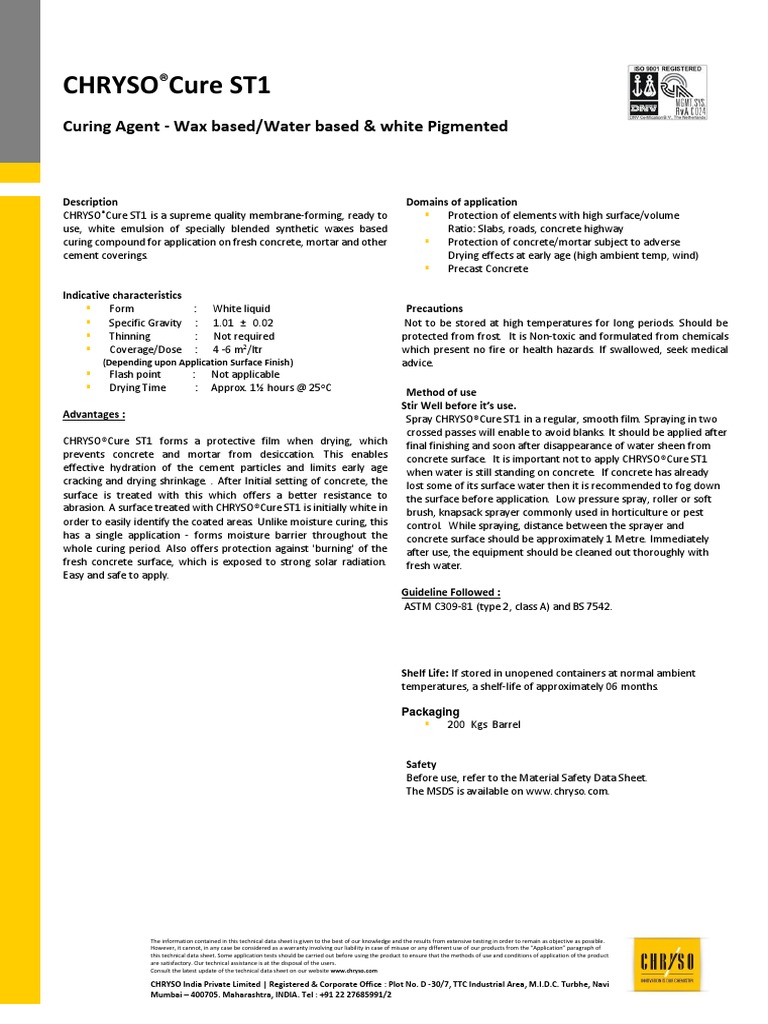 Technical Data Sheet Chryso Cure St1 6219 3832 | PDF | Concrete ...