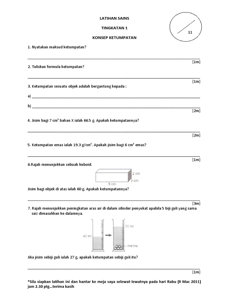 Latihan Sains Konsep Ketumpatan Form 1 | PDF