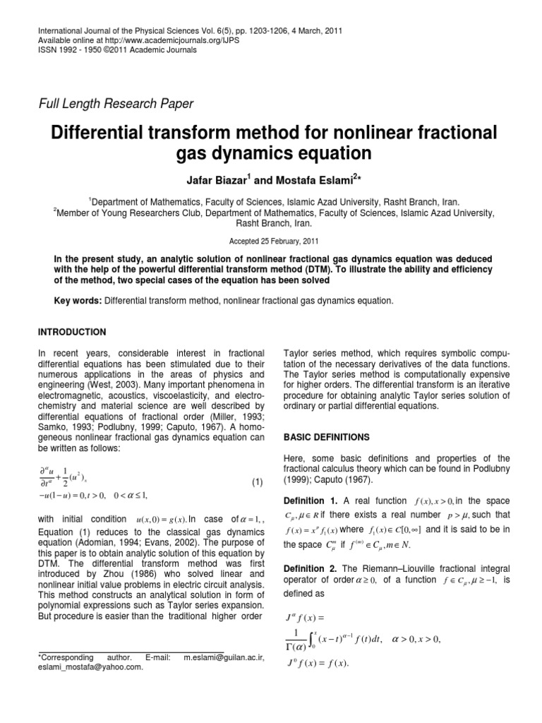 Differential Transform Method For Nonlinear Fractional Gas Dynamics Equation | PDF | Nonlinear ...