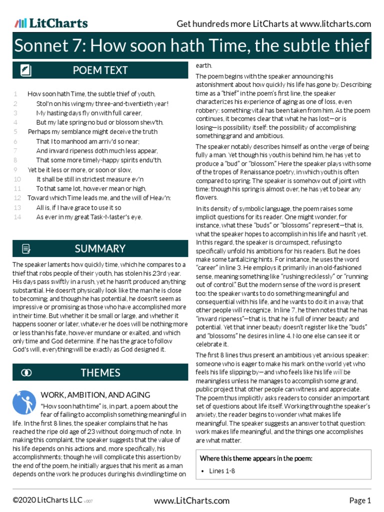 LitCharts Sonnet 7 How Soon Hath Time The Subtle Thief of Youth 1 | PDF ...