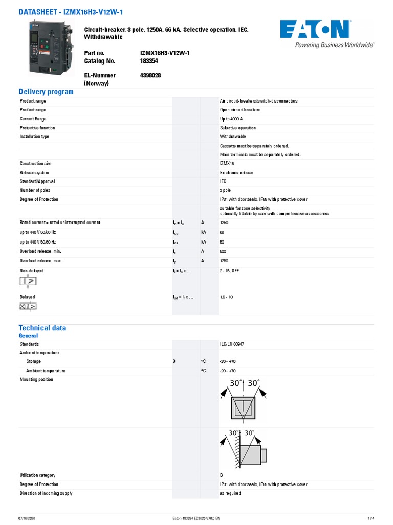 Circuit-Breaker, 3 Pole, 1250A, 66 Ka, Selective Operation, IEC ...