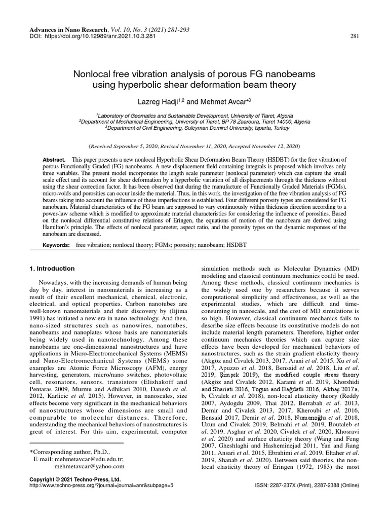 Nonlocal Free Vibration Analysis of Porous FG Nanobeams Using Hyperbolic Shear Deformation Beam ...