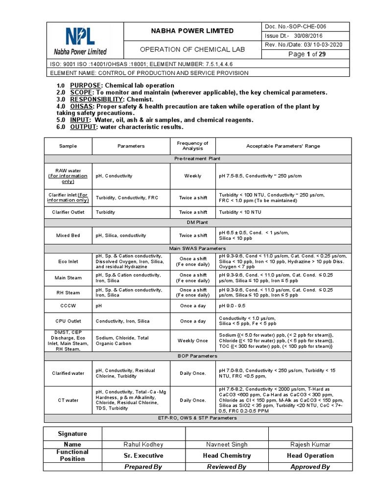 Operation of Chemical Lab: Nabha Power Limited | PDF | Parts Per ...