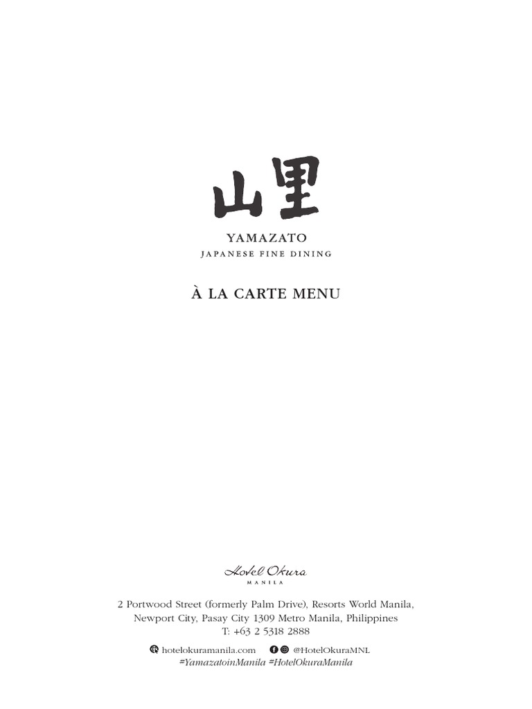 A La Carte Menu of Yamazato, Hotel Okura Manila (As of May 2021 ...