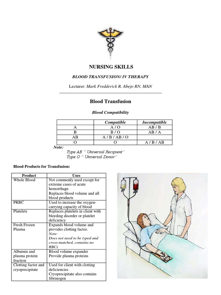 Nursing Skills: Blood Transfusion/ Iv Therapy | PDF | Intravenous ...