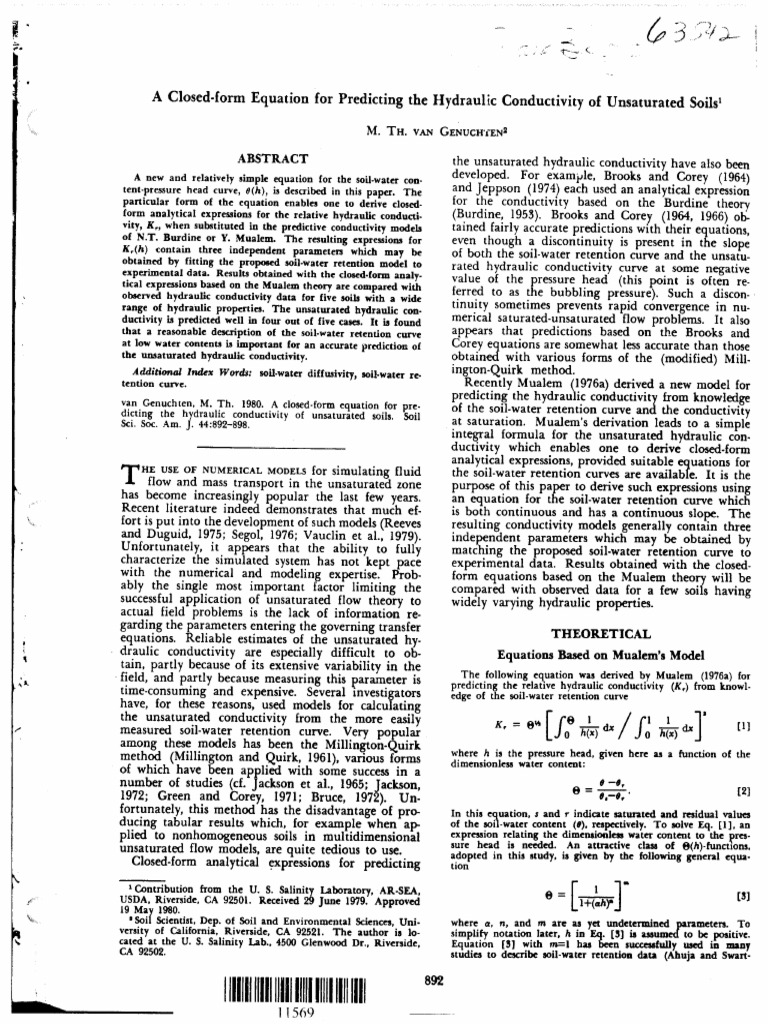 Van Genuchten 1980 Predicting Hydraulic Conductivity of Unsaturated ...