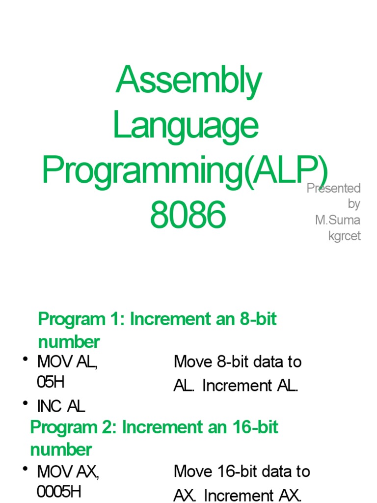 Assembly Language Programming (ALP) 8086: Presented by M.Suma Kgrcet | PDF | Subroutine | Macro ...