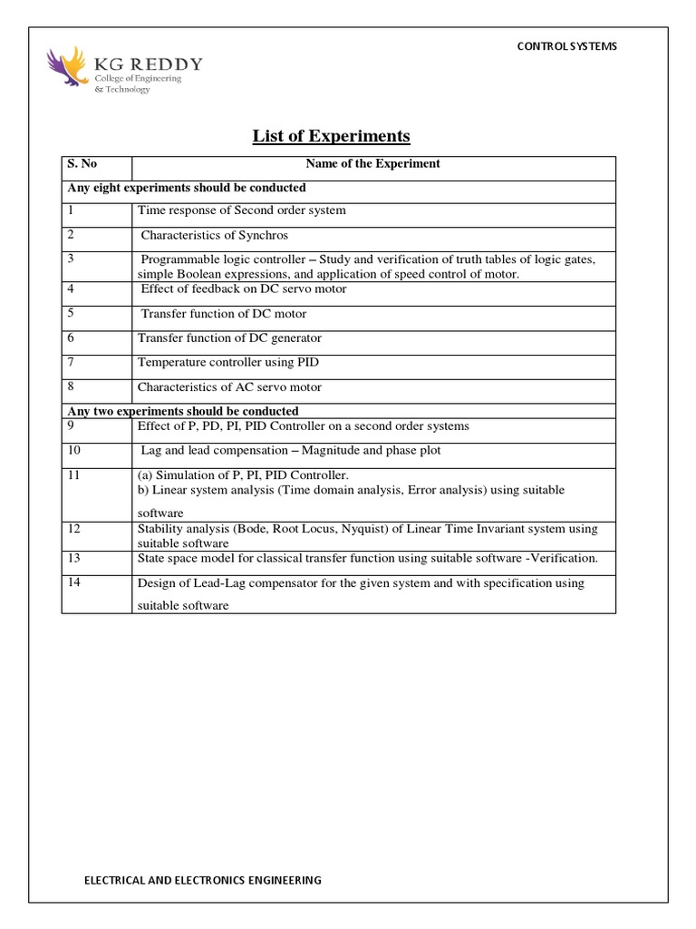 List of Experiments: S. No Name of The Experiment Any Eight Experiments ...