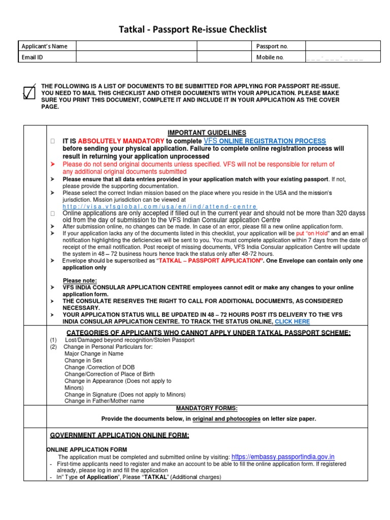 Tatkal - Passport Re-Issue Checklist: Absolutely Mandatory | PDF ...
