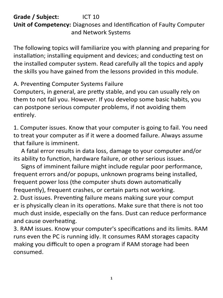 Grade / Subject: Unit of Competency: Diagnoses and Identification of Faulty Computer | PDF | Wi ...