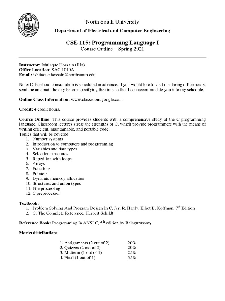 CSE 115: Programming Language I: North South University | Download Free PDF | Academic ...