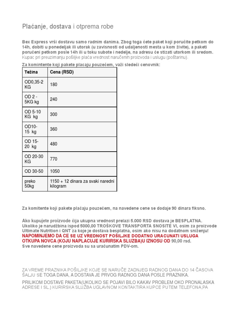 Placanje Dostava Otprema Robe | PDF