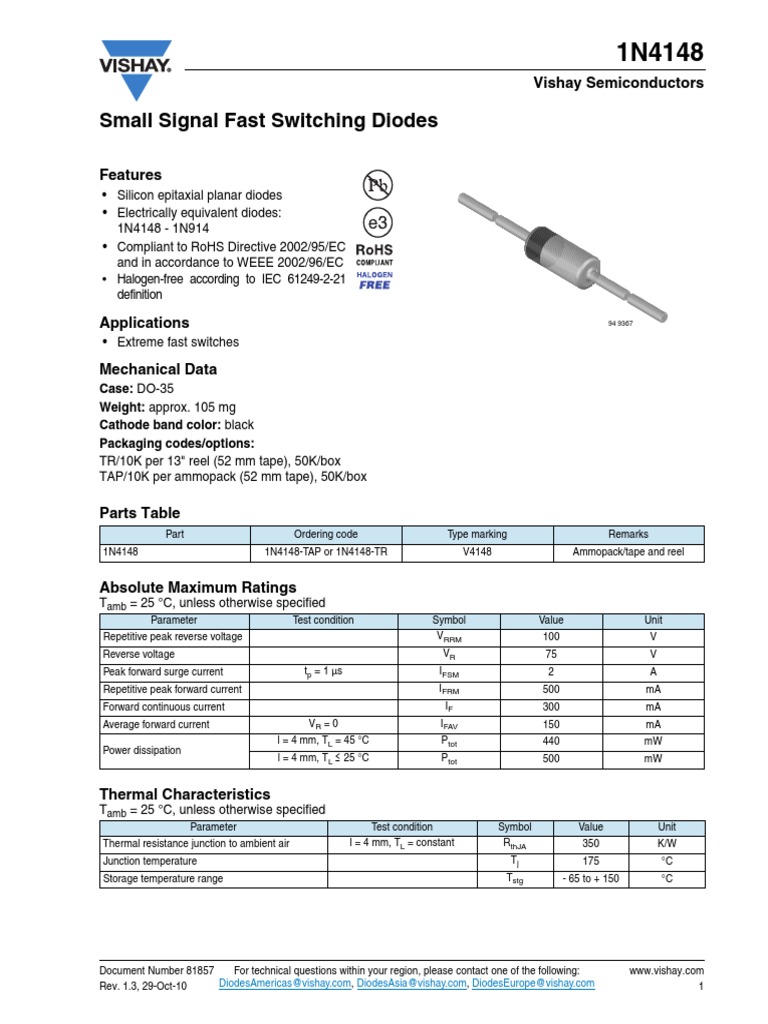 Small Signal Fast Switching Diodes: Vishay Semiconductors | PDF | Diode ...