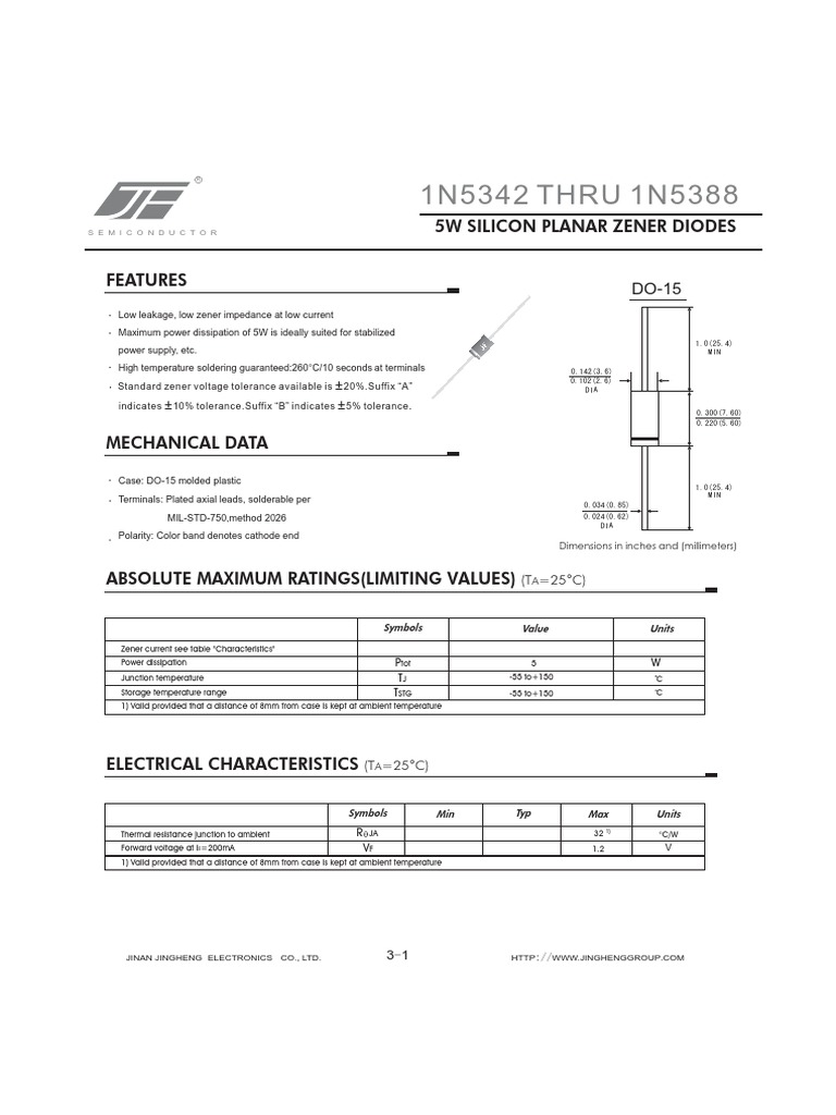 1N5342 THRU 1N5388: 5W Silicon Planar Zener Diodes Features DO-15 | PDF ...