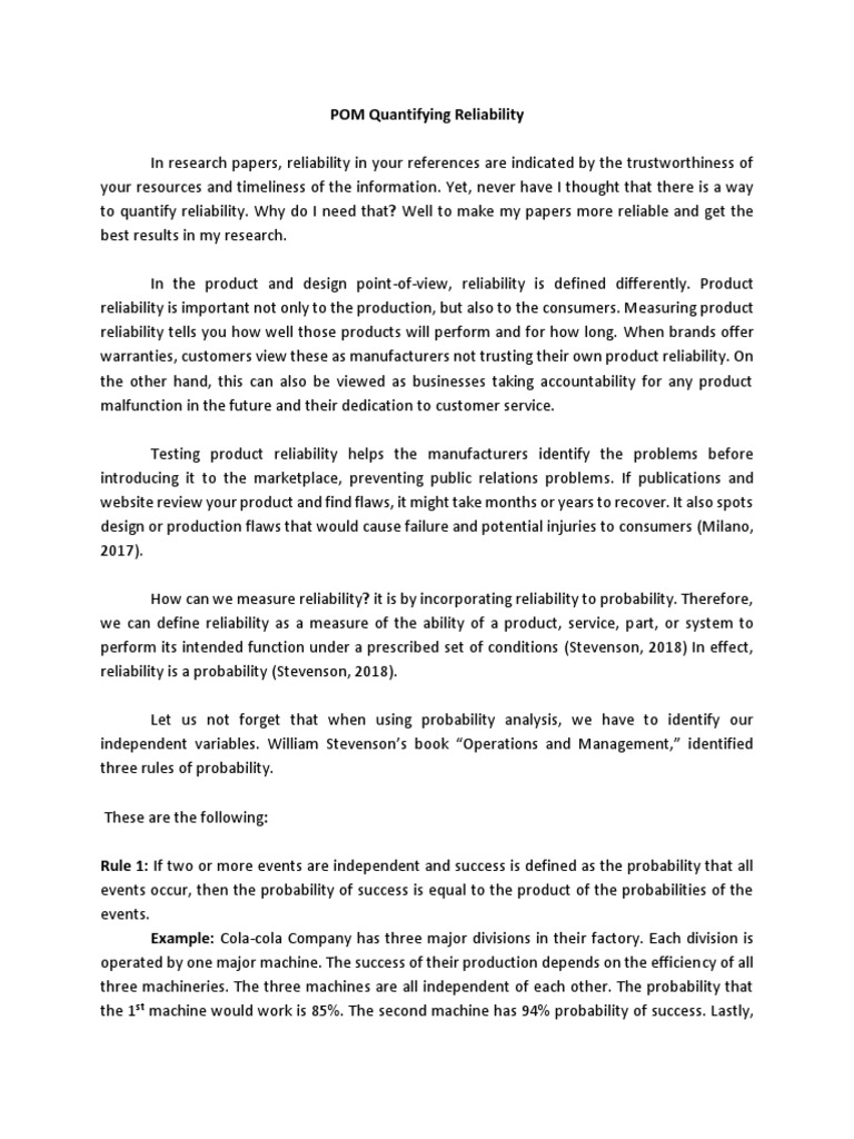 Quantifying Reliability - Essay | PDF | Reliability Engineering | Probability