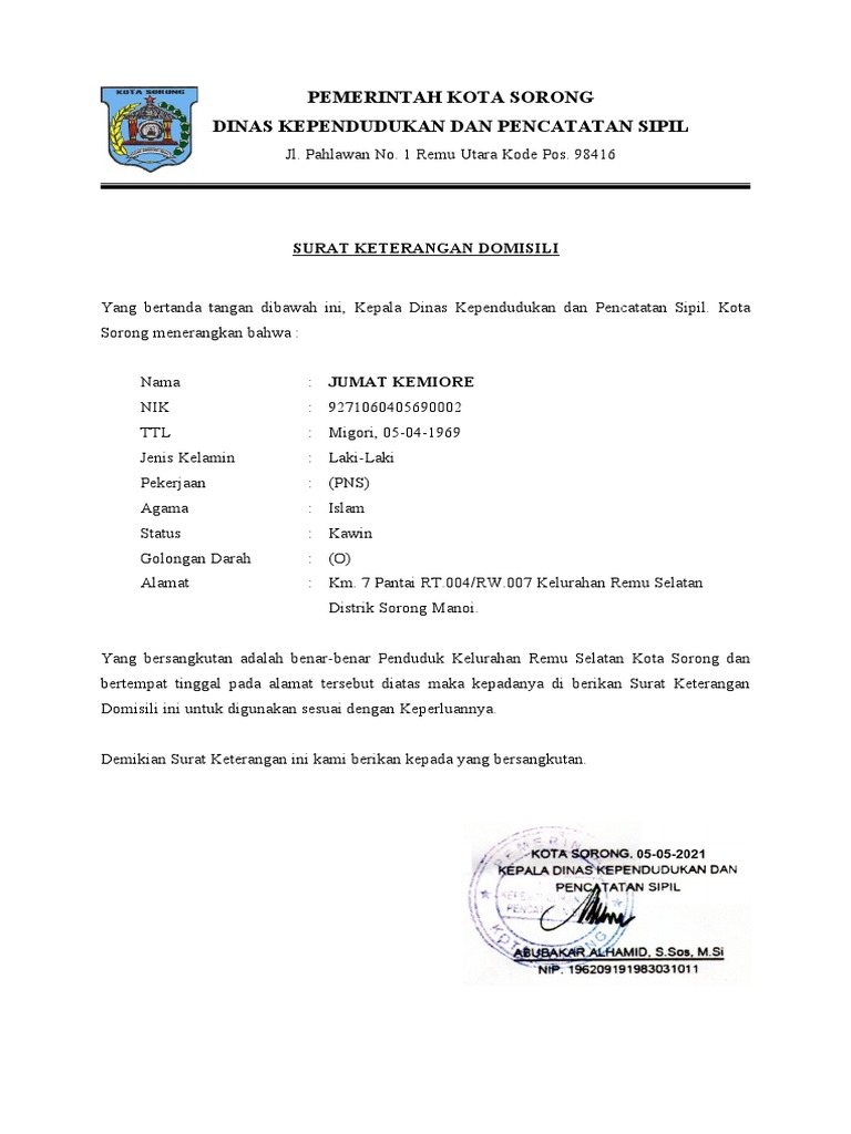 Surat Keterangan Domisili Capil | PDF
