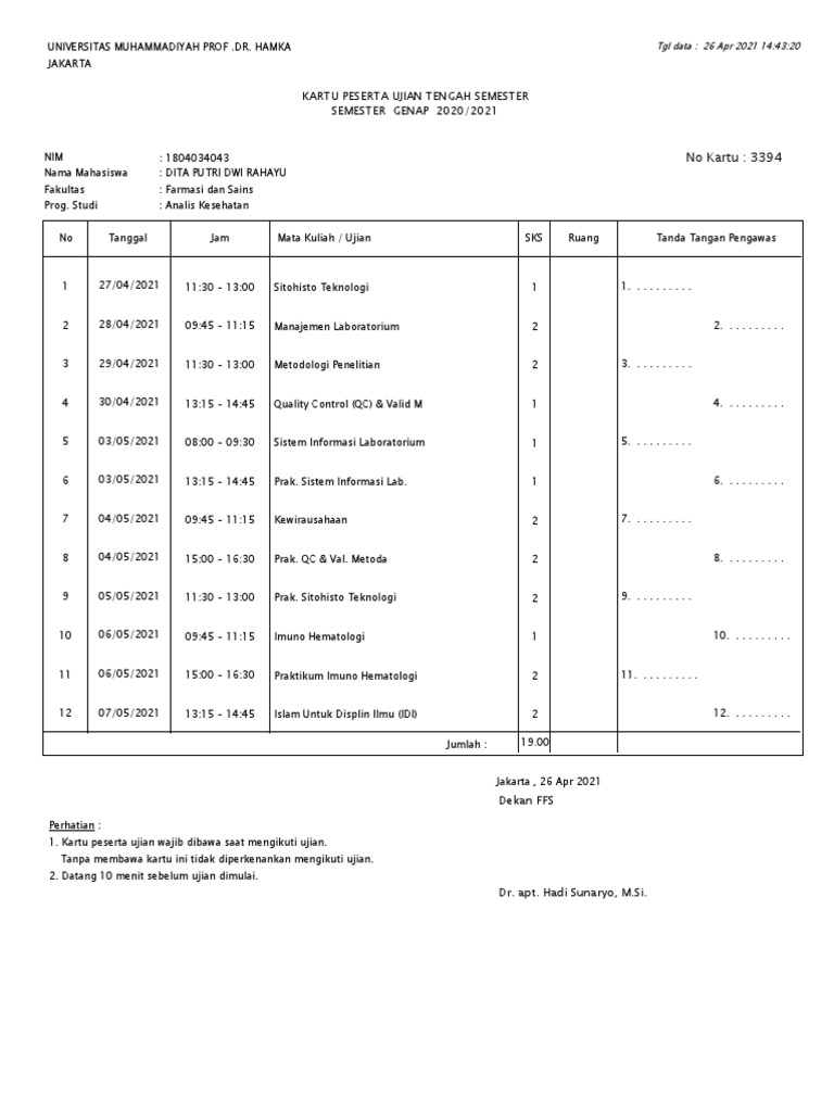 Kartu Ujian Dita Putri Dwi Rahayu | PDF