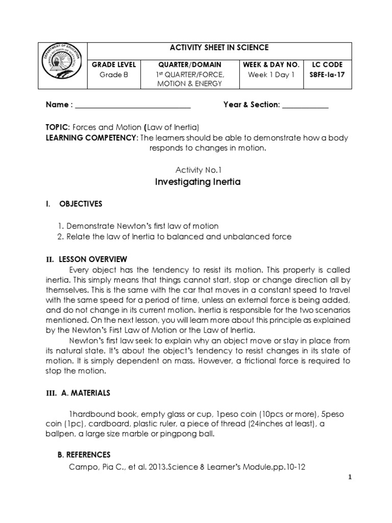 ScienceGrade8 Activity-Sheet Physics Q1-Week1-2 | PDF | Inertia | Force