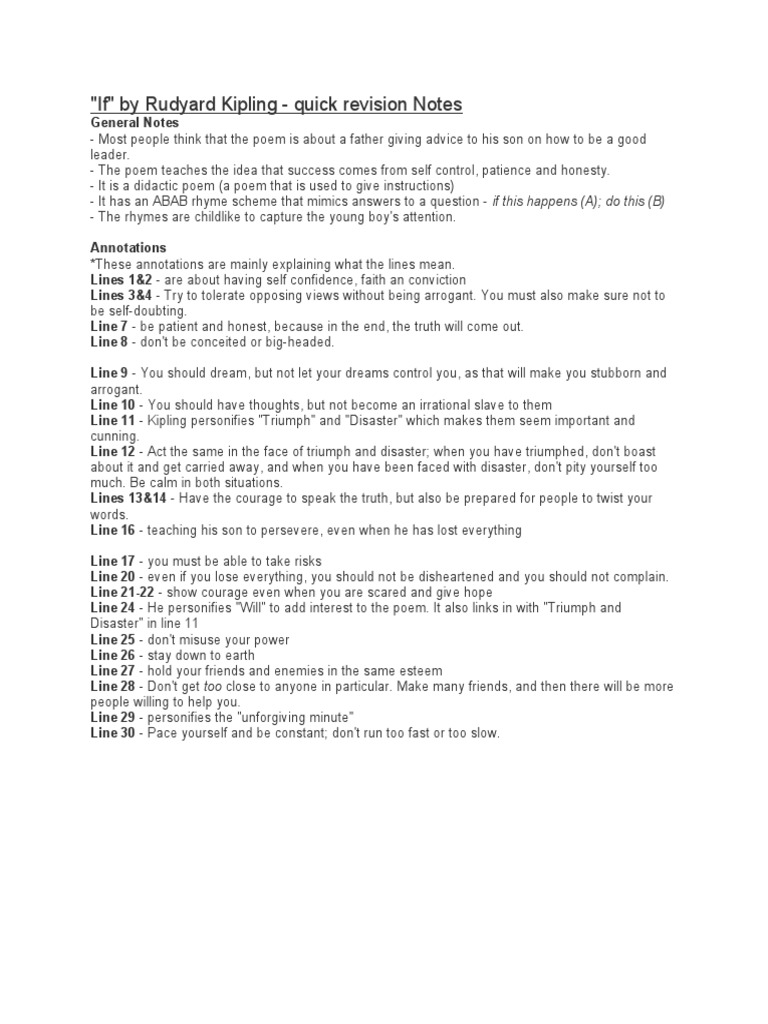 "If" by Rudyard Kipling - Quick Revision Notes | PDF