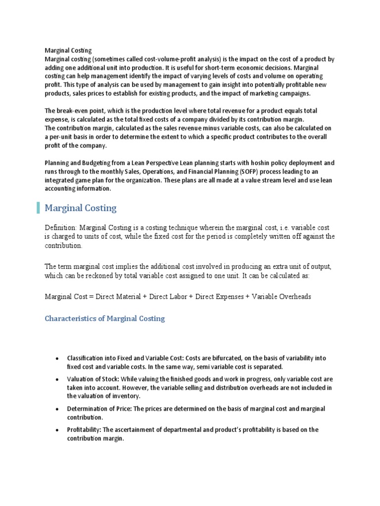 Characteristics of Marginal Costing | Download Free PDF | Cost ...