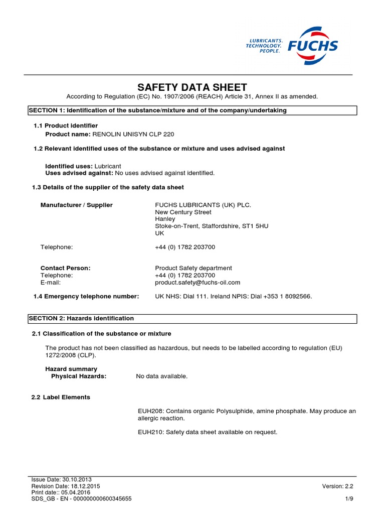 Renolin Unisyn CLP 220 | PDF | Toxicity | Dangerous Goods