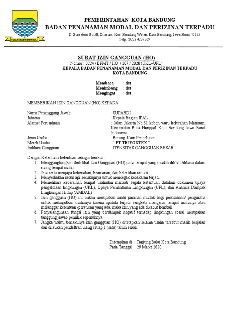 Surat Izin Gangguan (Ho) | PDF