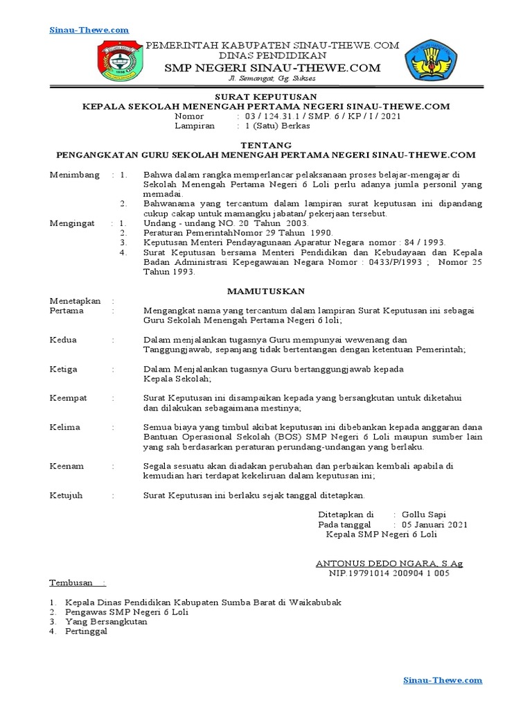 Contoh SK Pengangkatan Guru Honorer | PDF