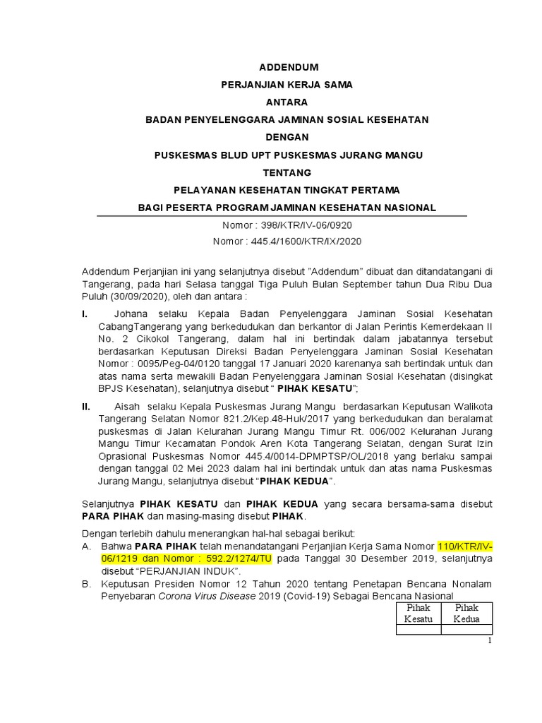 Addendum PKS - KBK Puskesmas BLUD JURANGMANGU | PDF