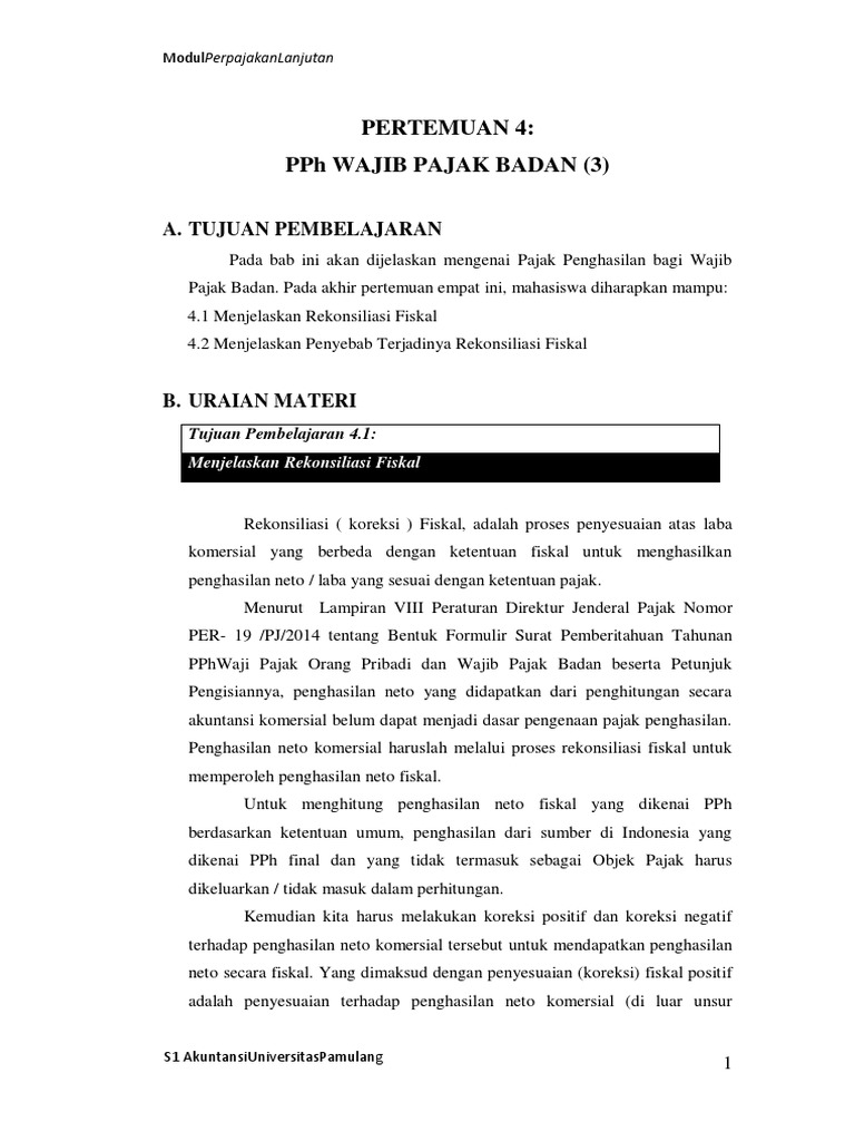 Modul Perpajakan Lanjutan-4-PPh WAJIB PAJAK BADAN (3) - 1 | PDF ...