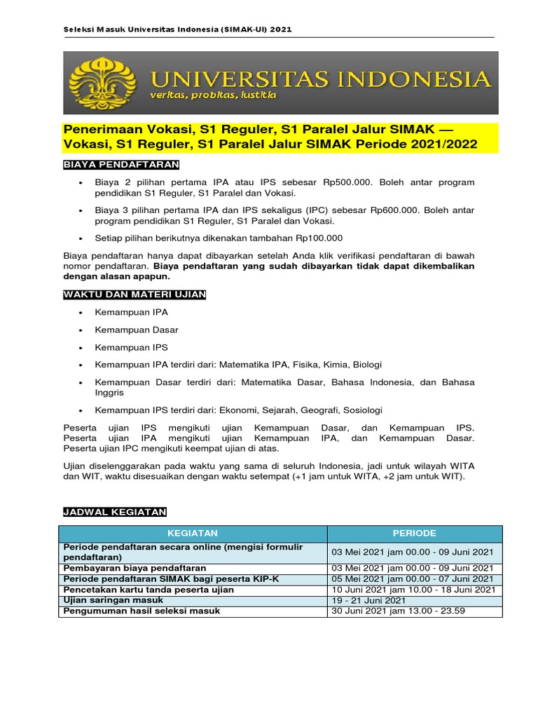 SIMAK UI 2021: Biaya dan Jadwal Ujian | PDF