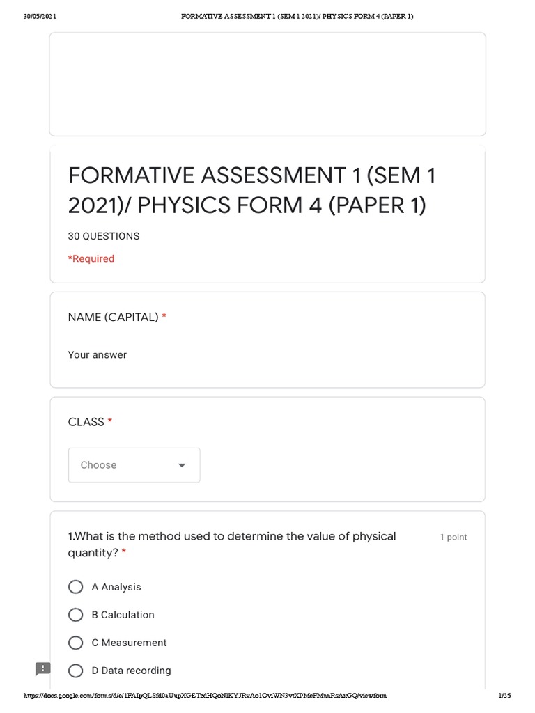 Formative Assessment 1 (Sem 1 2021) - Physics Form 4 (Paper 1) | Download Free PDF | Momentum ...