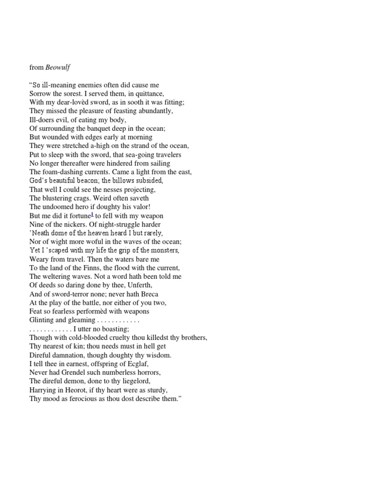Beowulf, Saga, Kalevala, Ballad (Excerpts) | PDF | Narrative Poems ...