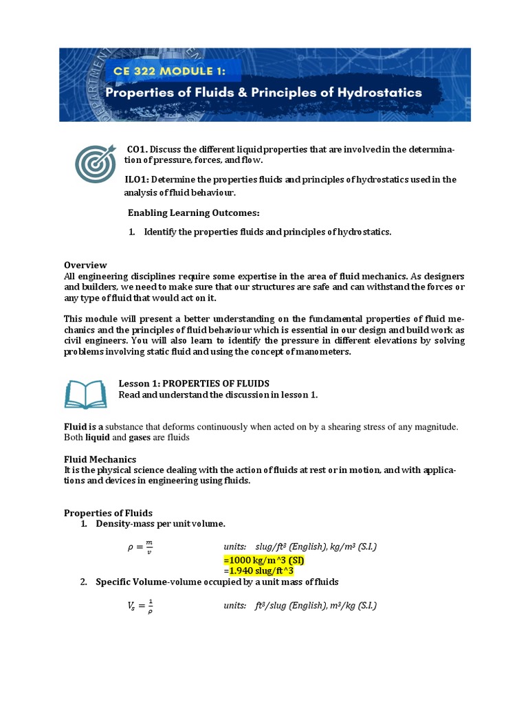 MODULE-1-PART-1 (Hydraulics) | PDF | Fluid | Pressure