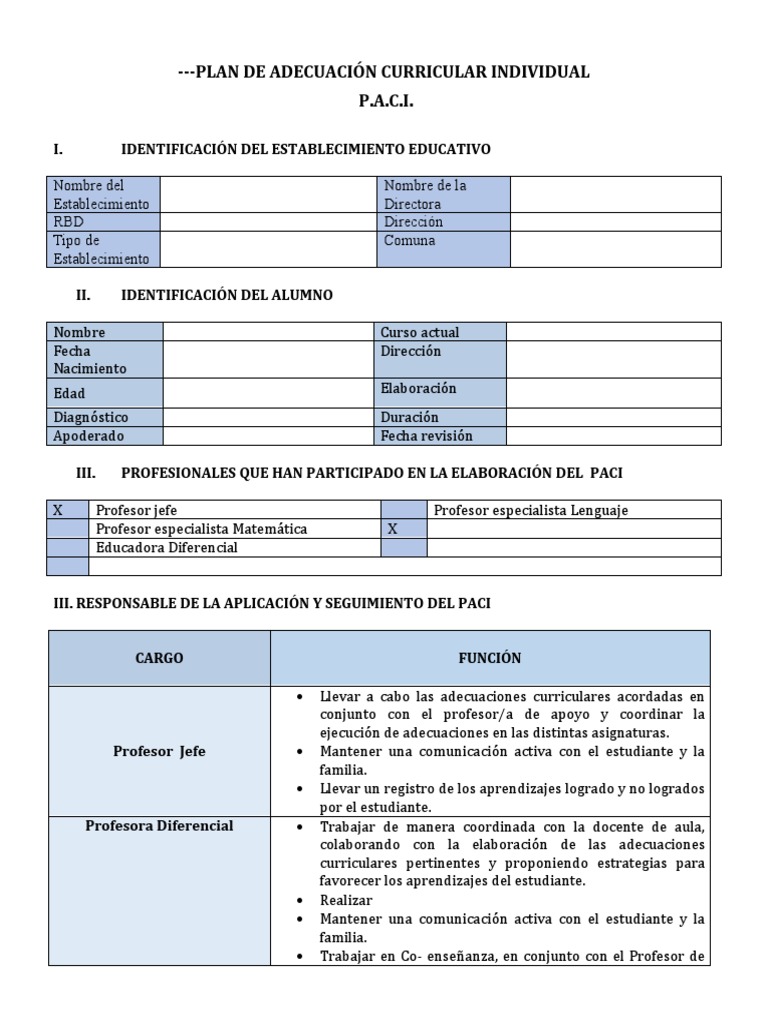 Ejemplo de Plan de Adecuacion Curricular Individual | PDF | Salón de clases | Maestros