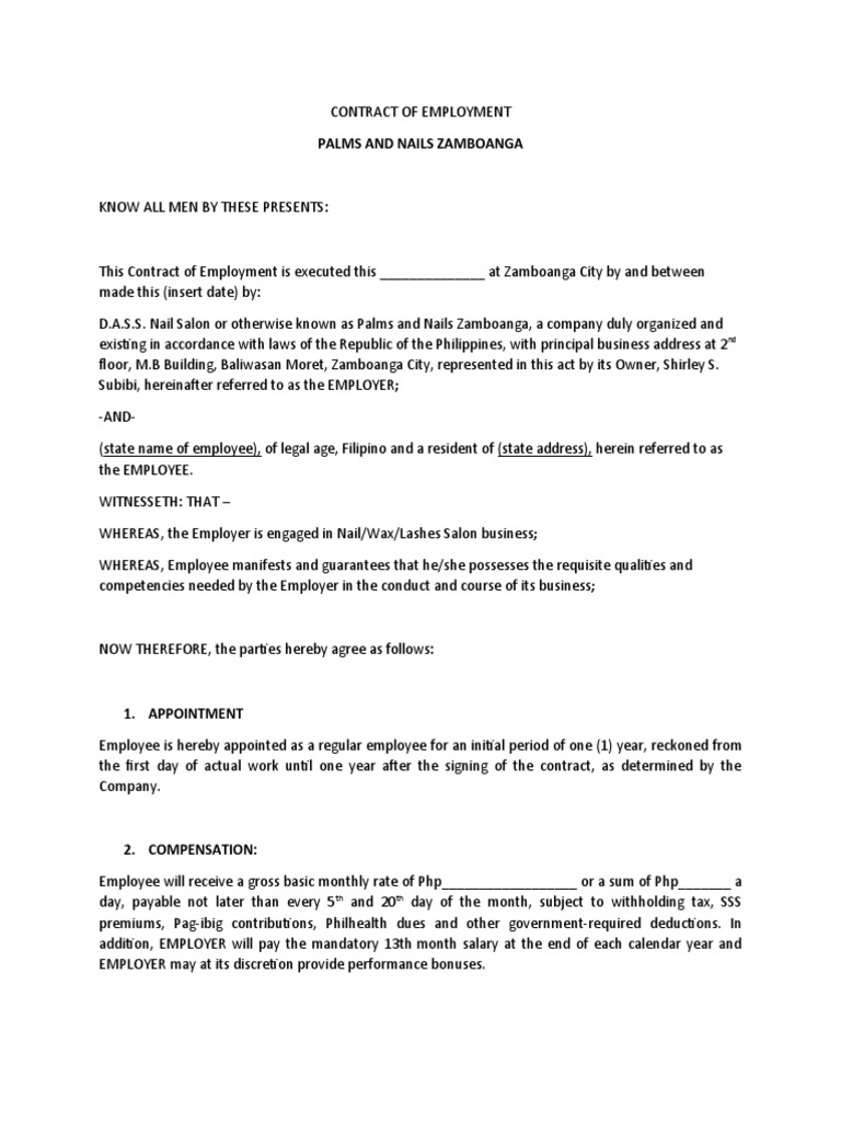 Contract-of-Employment - Palms and Nails | PDF | Overtime | Confidentiality