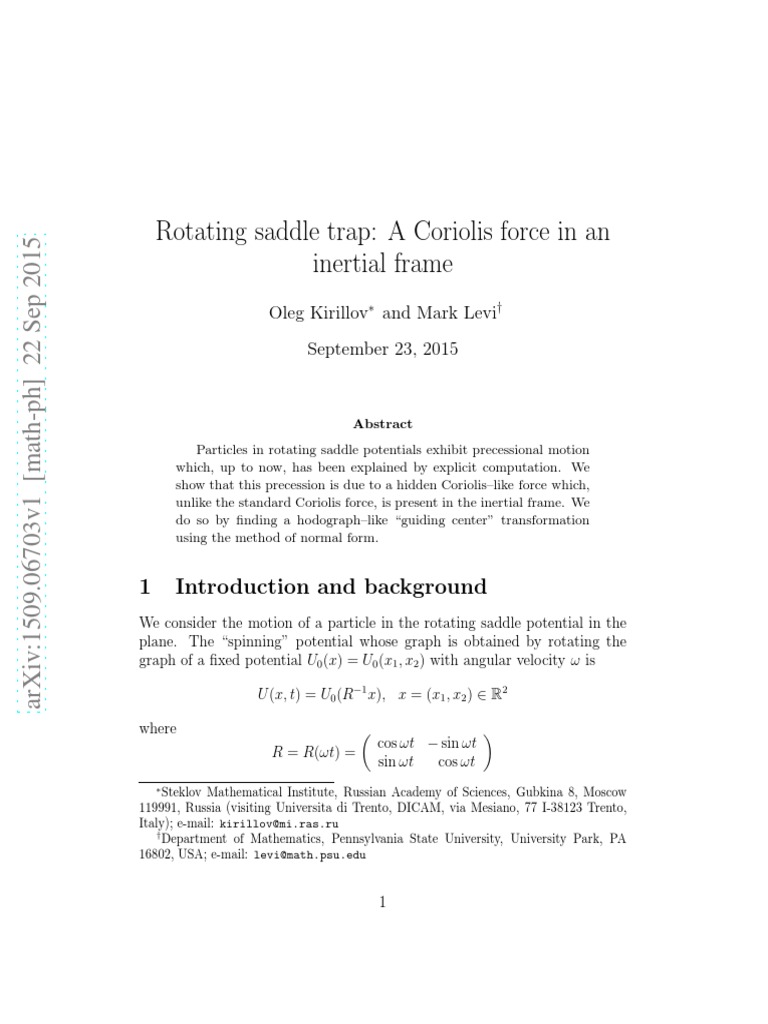 Rotating Saddle Trap: A Coriolis Force in An Inertial Frame: 1 ...